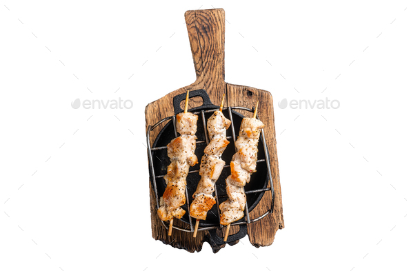 Grilled Chicken skewers souvlaki, poultry meat shish kebab. Isolated on white background. Stock ...
